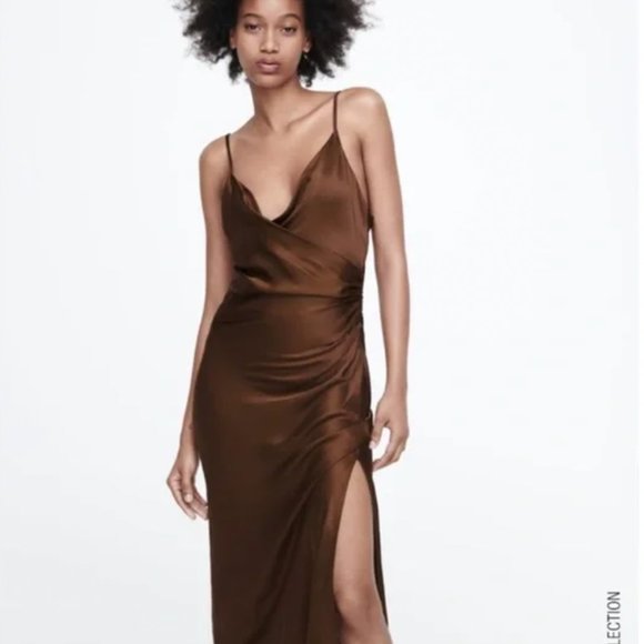 Zara | Dresses | Brown Satin Zara Dress | Poshmark